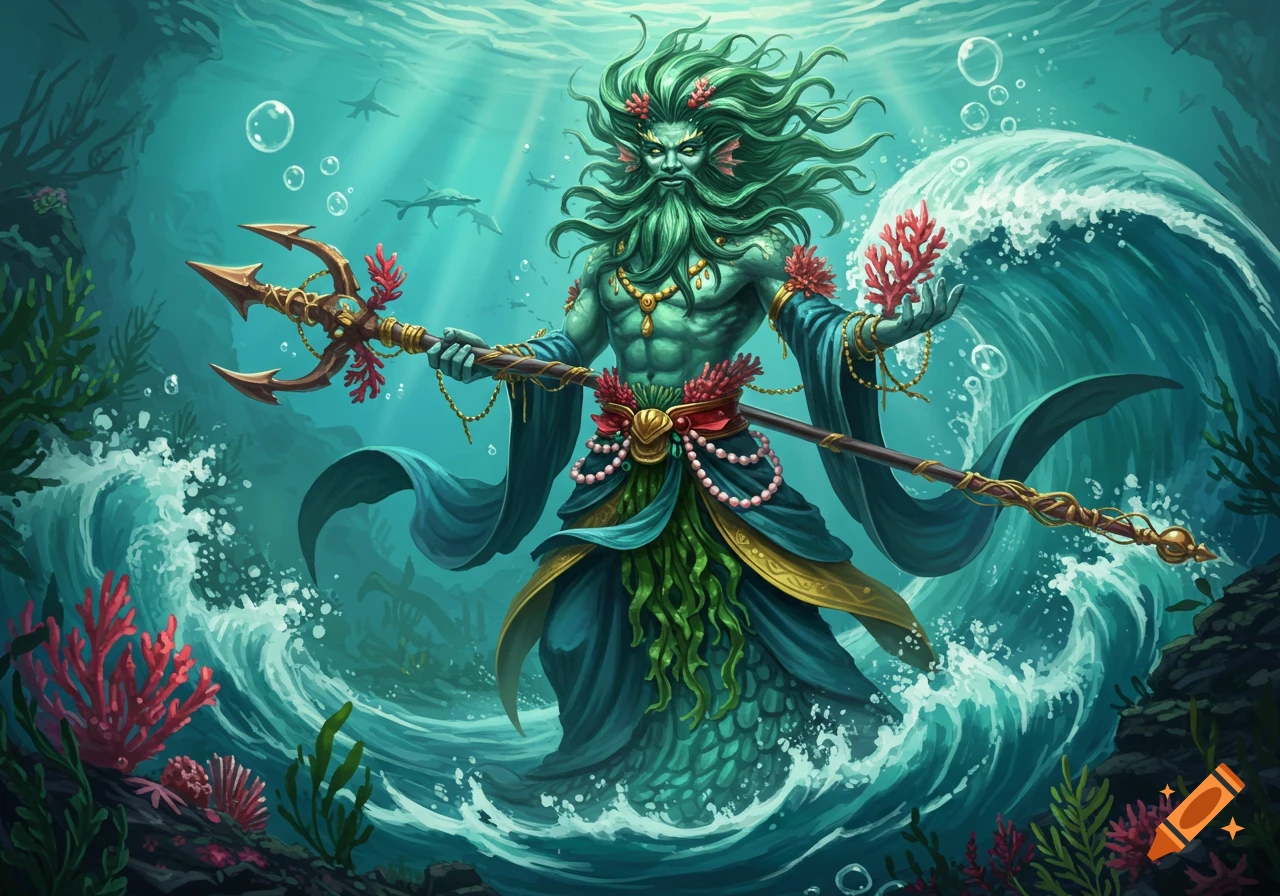 Illustration of a powerful merman sea god holding a trident underwater ...