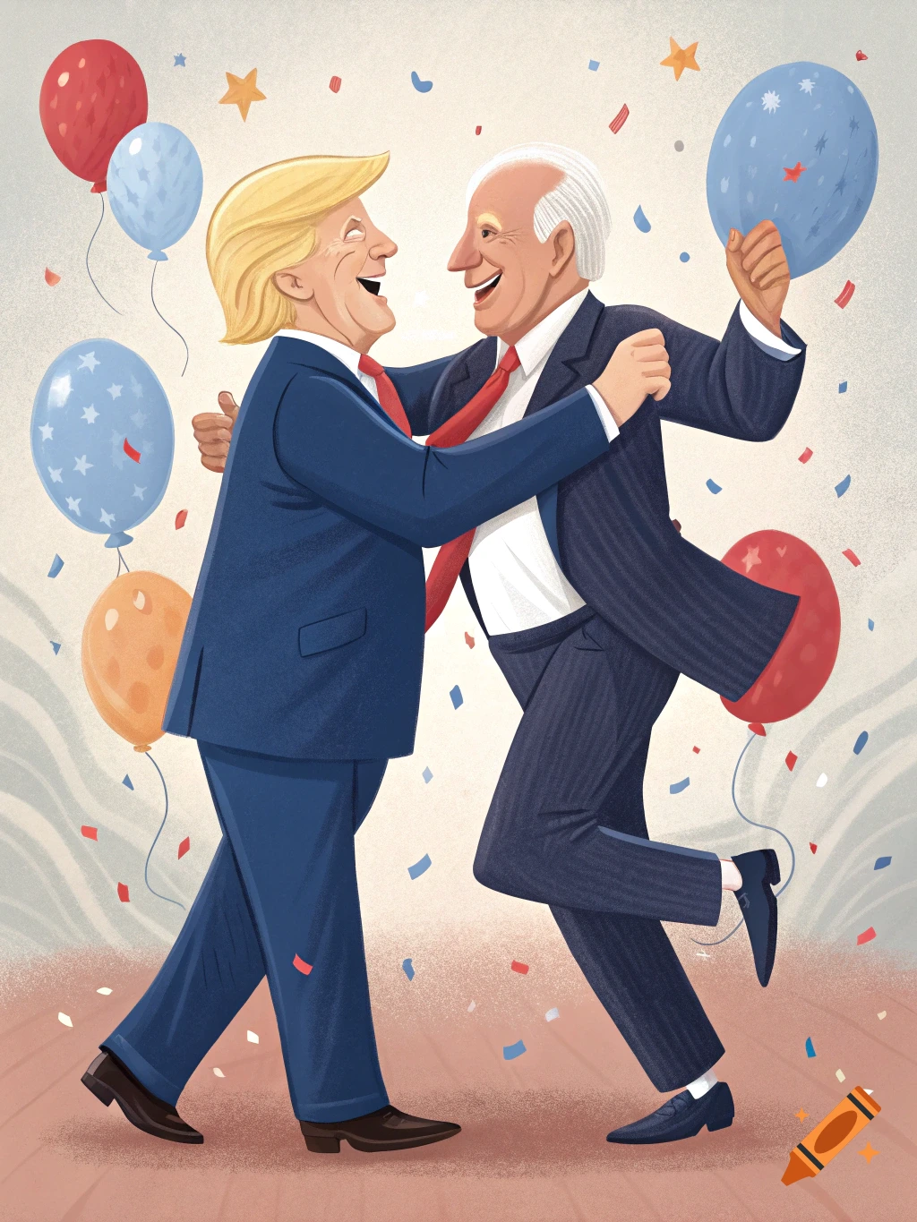 An illustration of Donald Trump and Joe Biden dancing together amidst ...