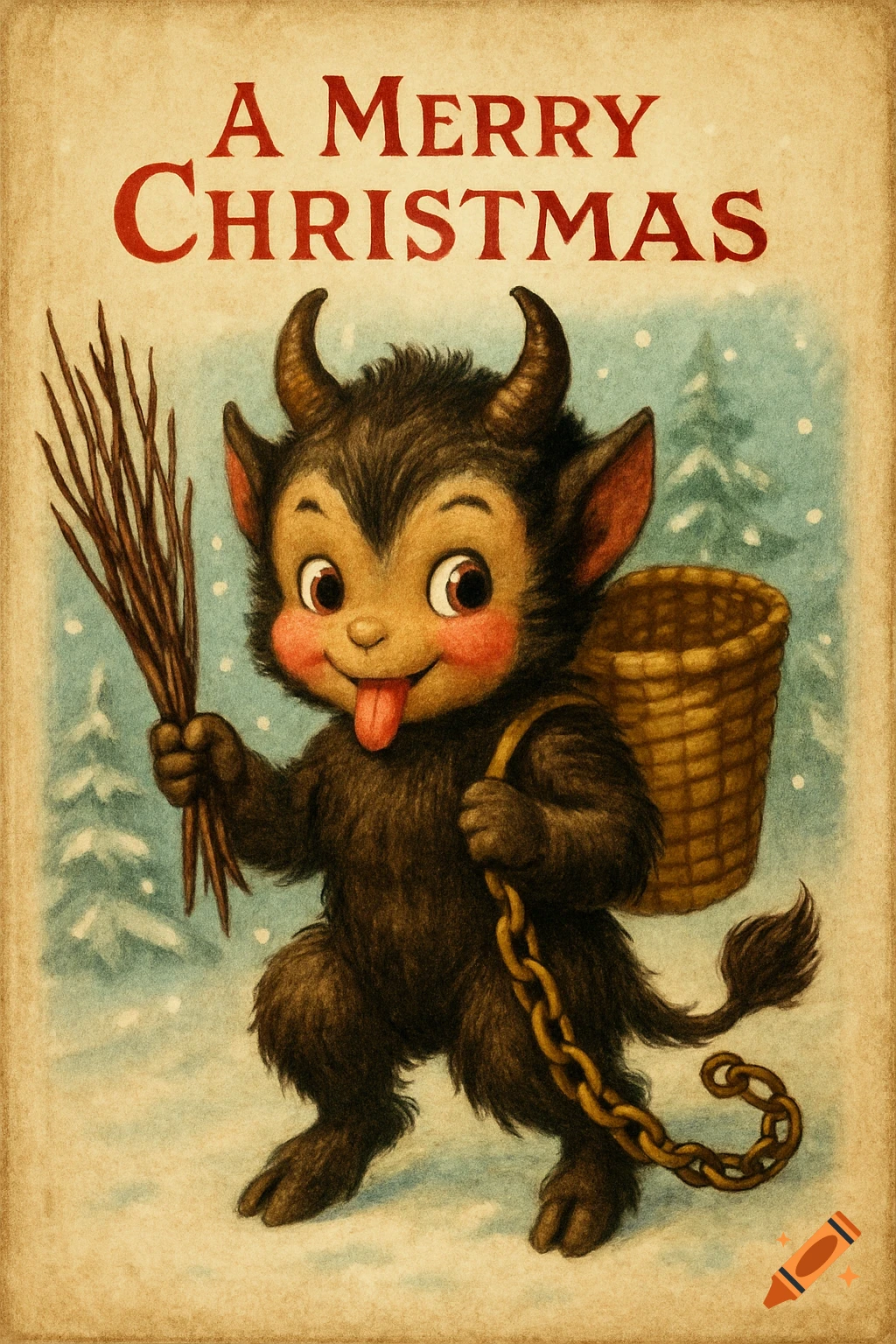 Cute vintage Krampus Christmas card illustration with text 'A Merry ...
