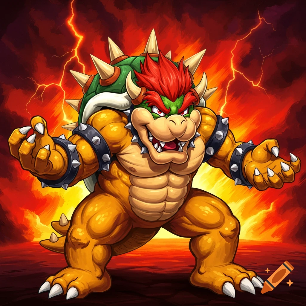 Bowser from Super Mario stands dramatically against a fiery, stormy ...