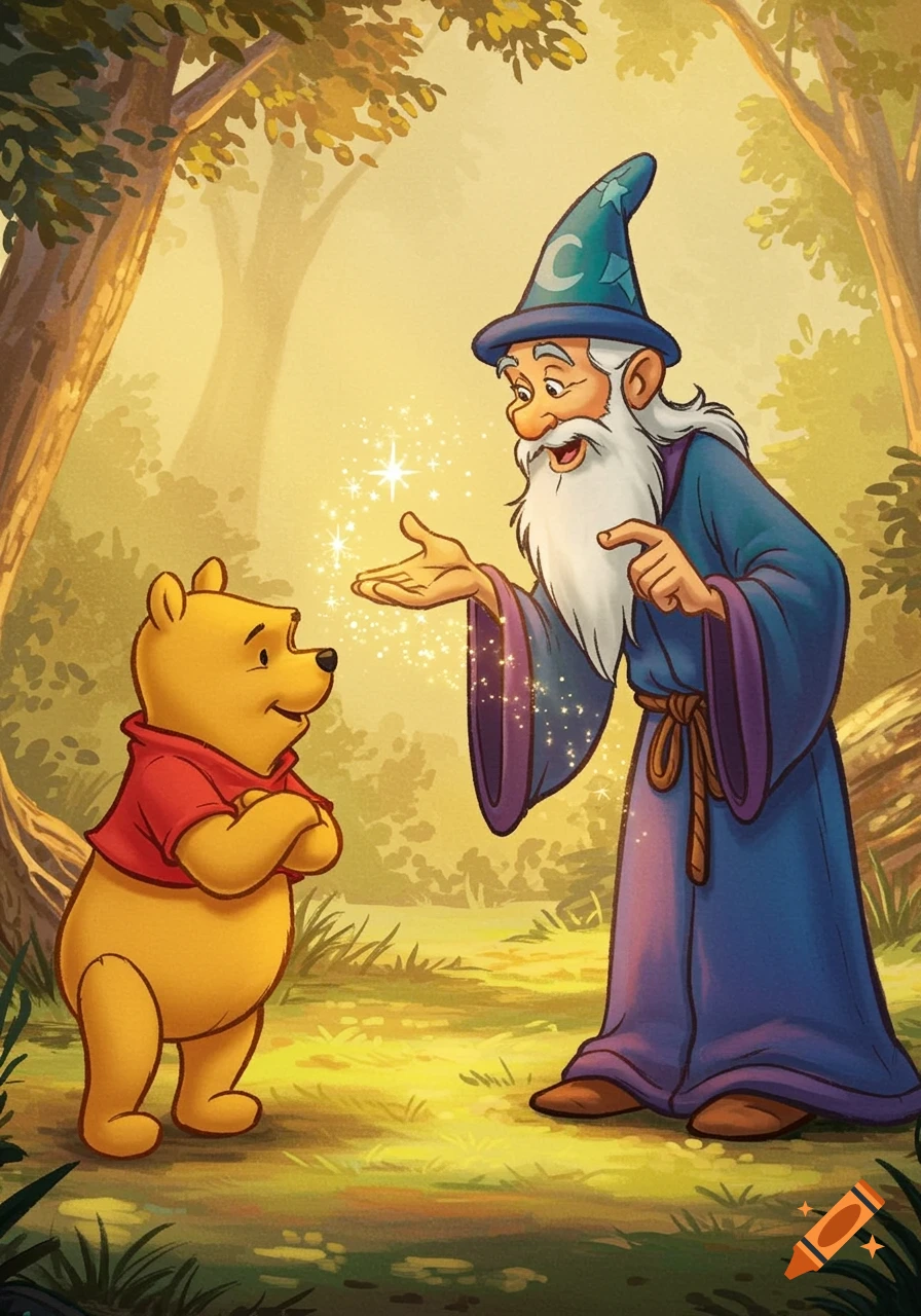 Winnie the Pooh talks to a wizard casting a spell in a sunny forest. on Craiyon