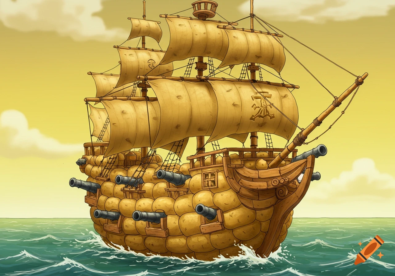 Cartoon fantasy ship made of potatoes with cannons sailing on the sea ...