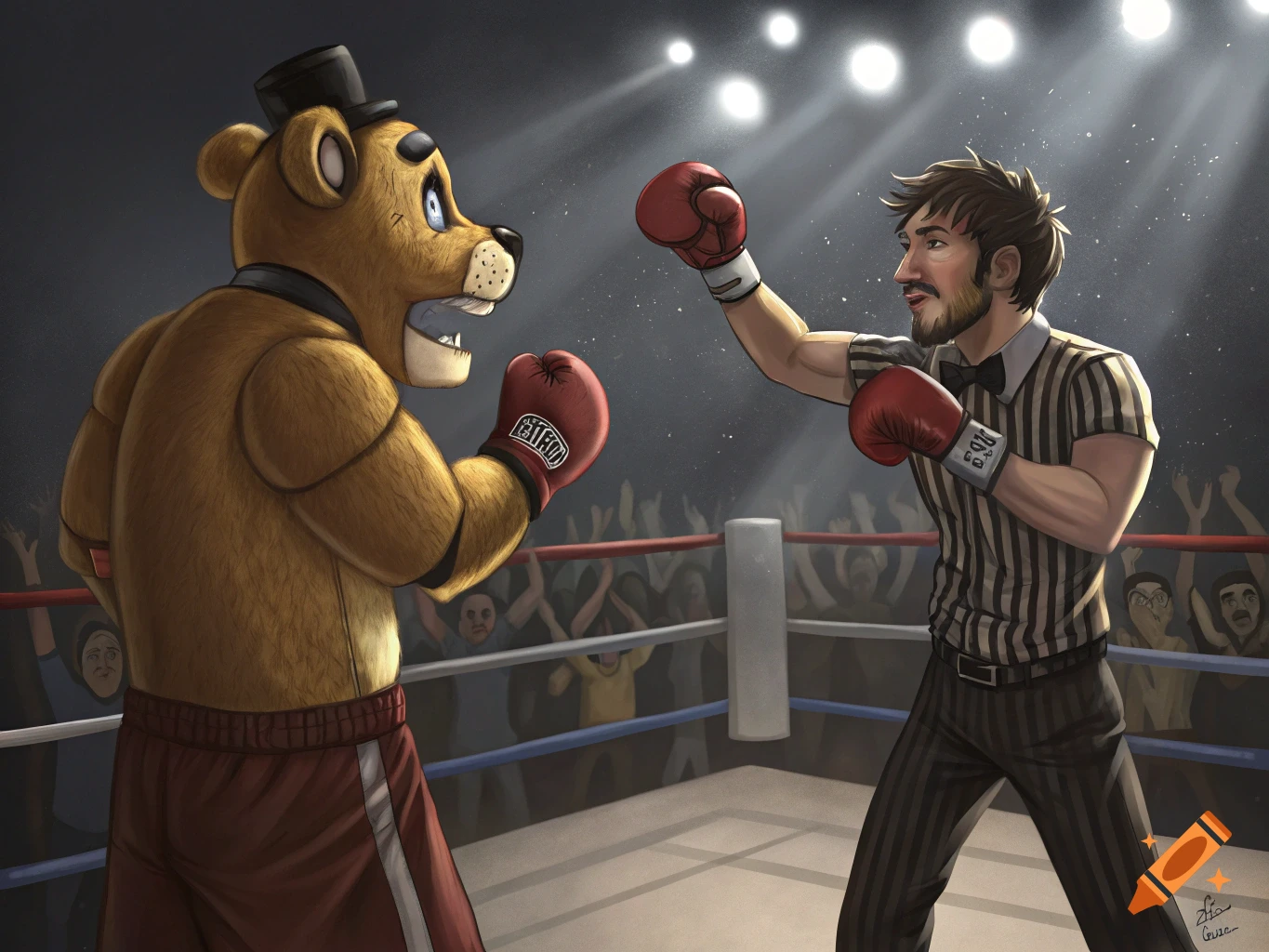 Markiplier fighting Freddy Fazbear in boxing ring on Craiyon