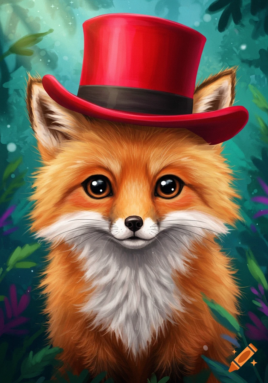 A cute fox wearing a red top hat in a forest on Craiyon