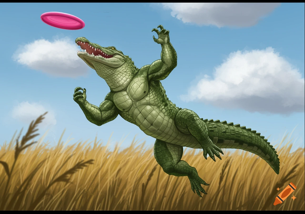 Digital painting of a muscular alligator jumping to catch a pink ...