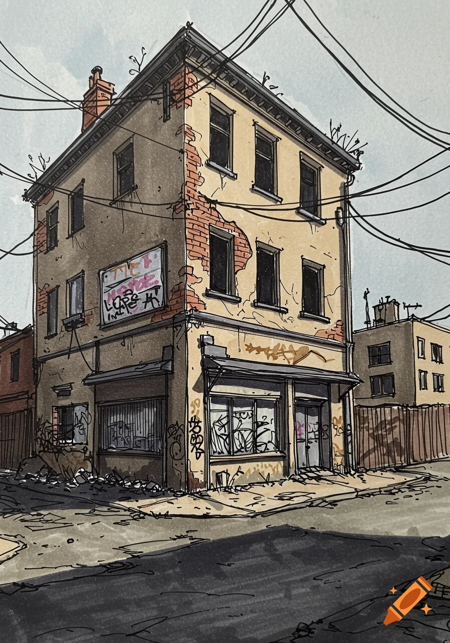 Scribbled sketch of a rundown building with graffiti and overhead wires ...