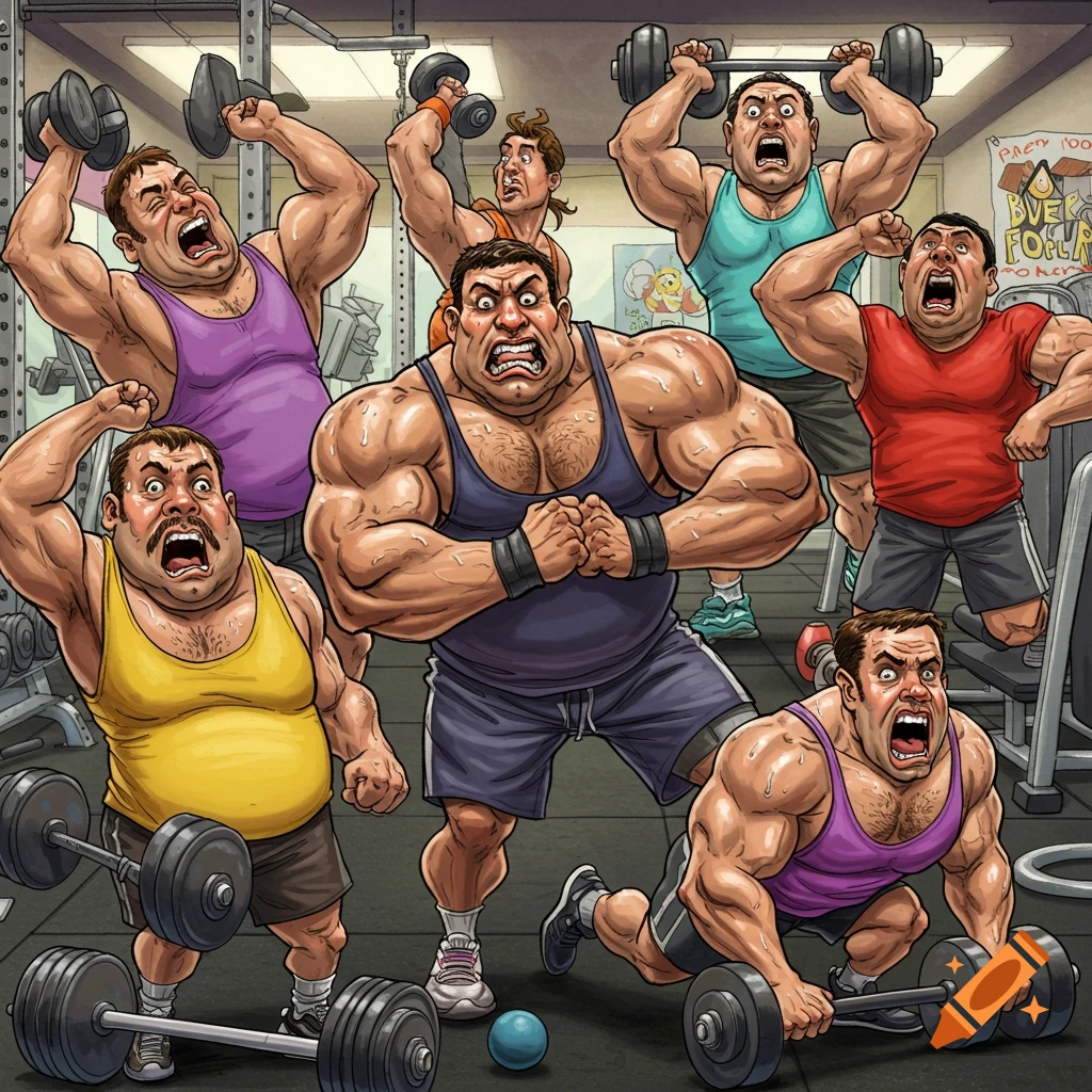Muscular men with exaggerated expressions working out in a gym in a ...