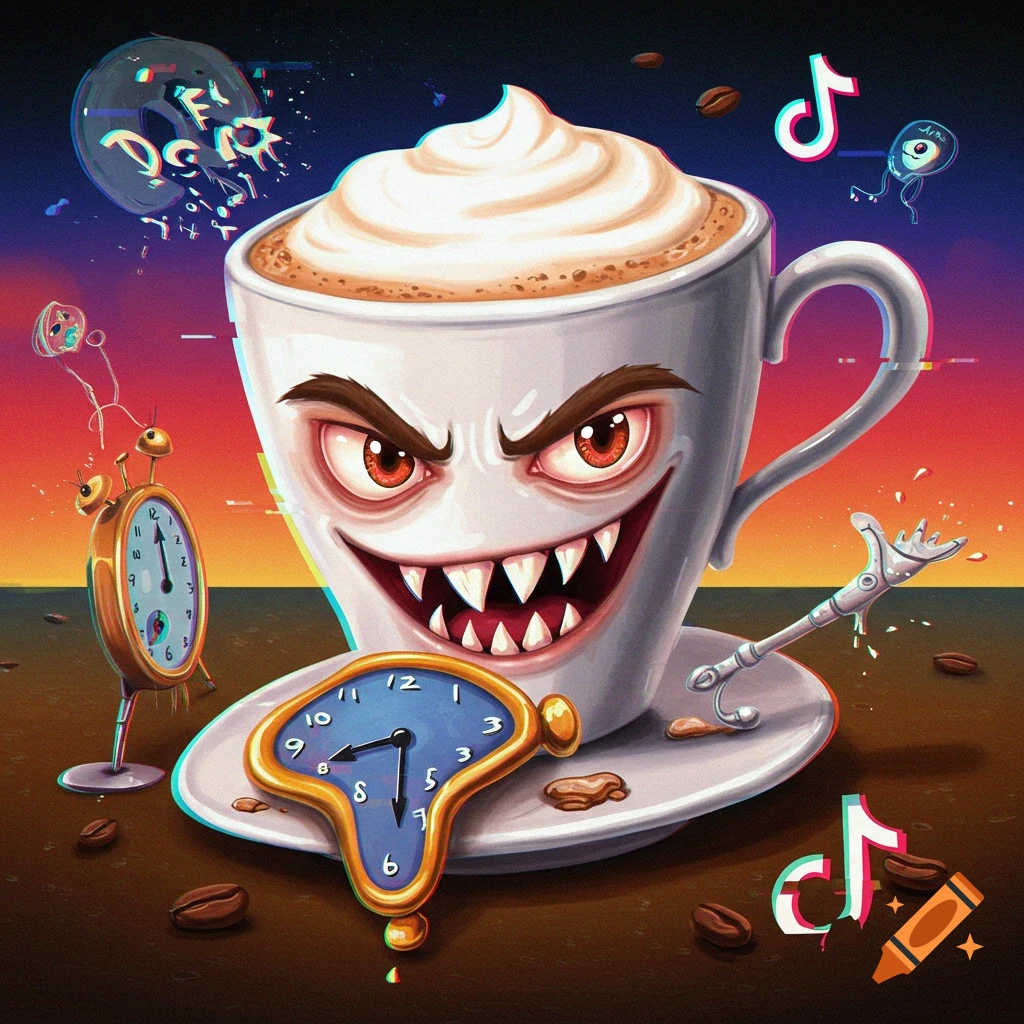 Surreal image of a monster coffee cup, melting and standing clocks ...