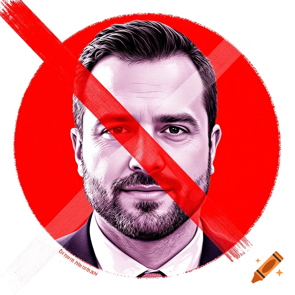 Dylan Moran's face in a red circle with a slash on Craiyon