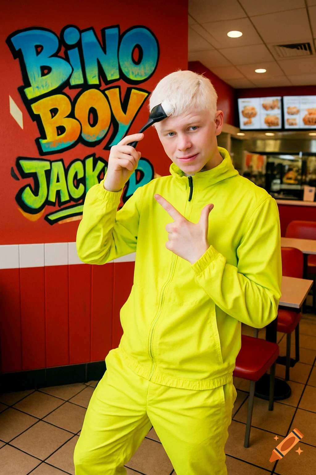 Young man in neon yellow tracksuit points in a fast-food restaurant ...