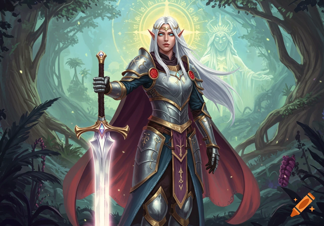 An elf warrior in detailed armor holds a glowing sword in a forest clearing, with a spectral ...