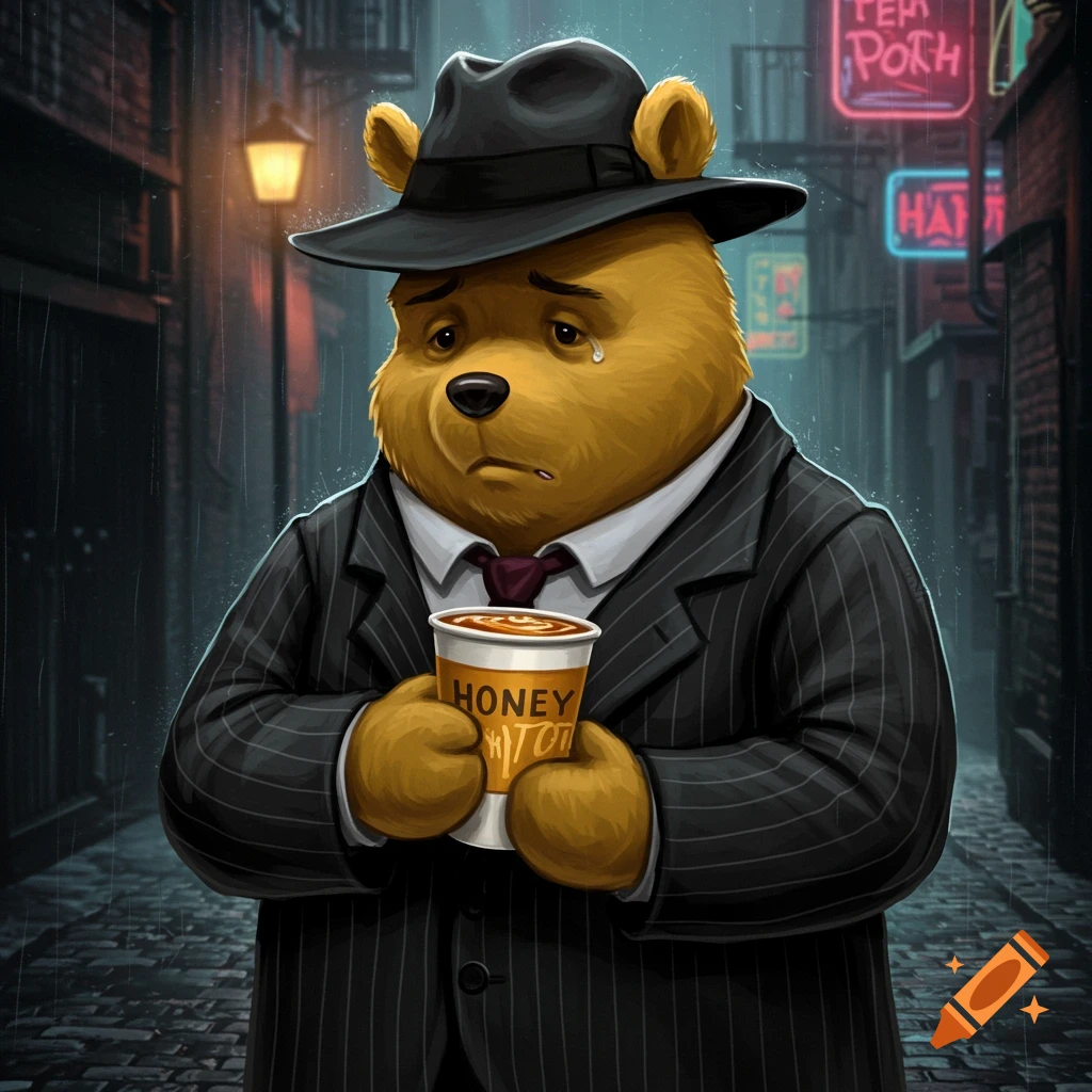 Digital painting of a sad Winnie the Pooh dressed as a gangster ...