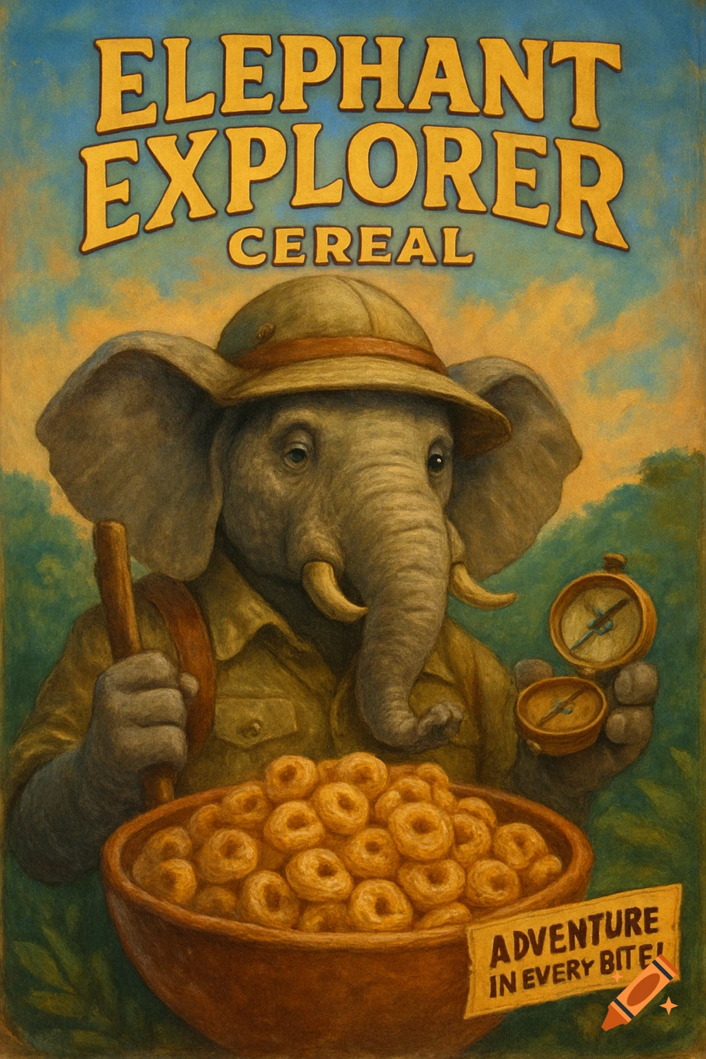 A cereal box featuring an elephant in an explorer hat holding a compass ...
