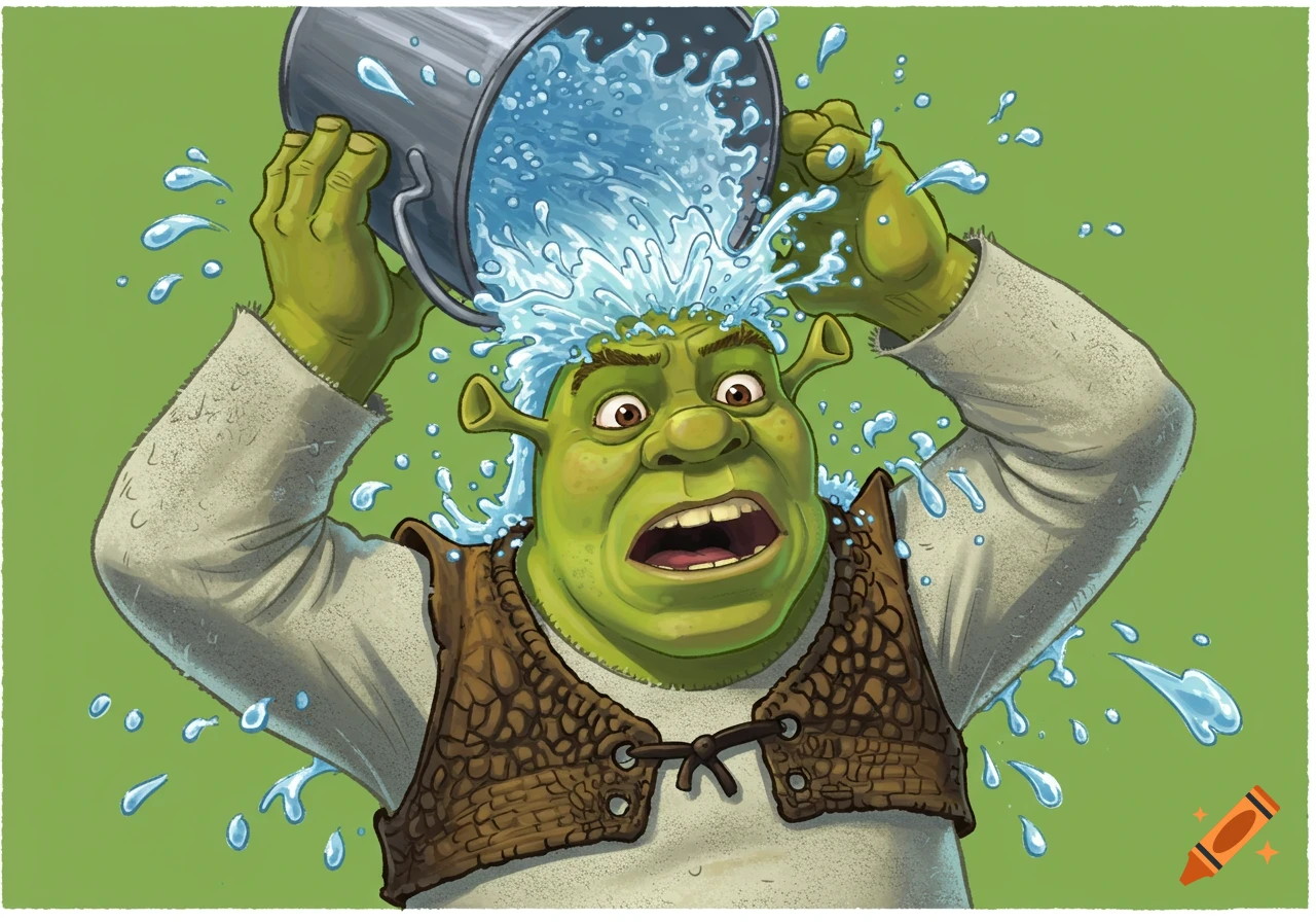 Shrek pours a bucket of water over his head in a cartoon illustration ...