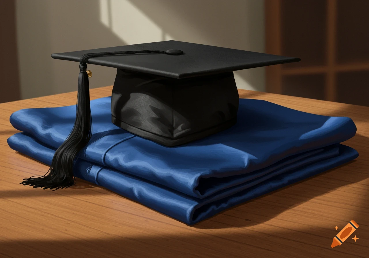 A black graduation cap and blue folded gown lie on a wooden table ...
