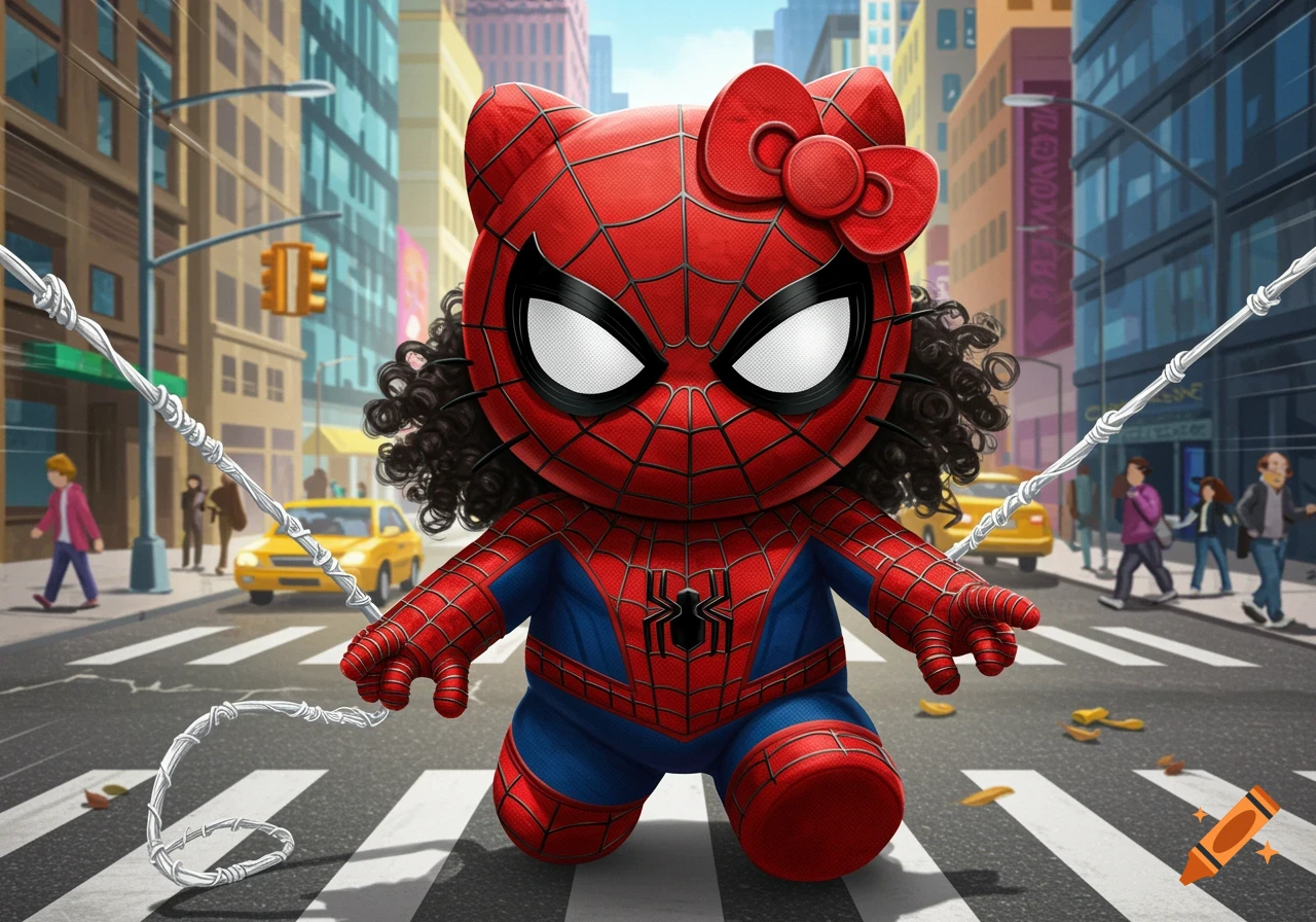 Hello Kitty in a Spider-Man costume with long curly hair on Craiyon