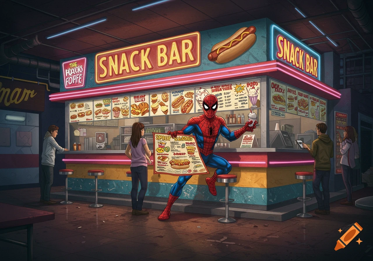 Spider-Man holding a drink and a menu at a retro snack bar. on Craiyon
