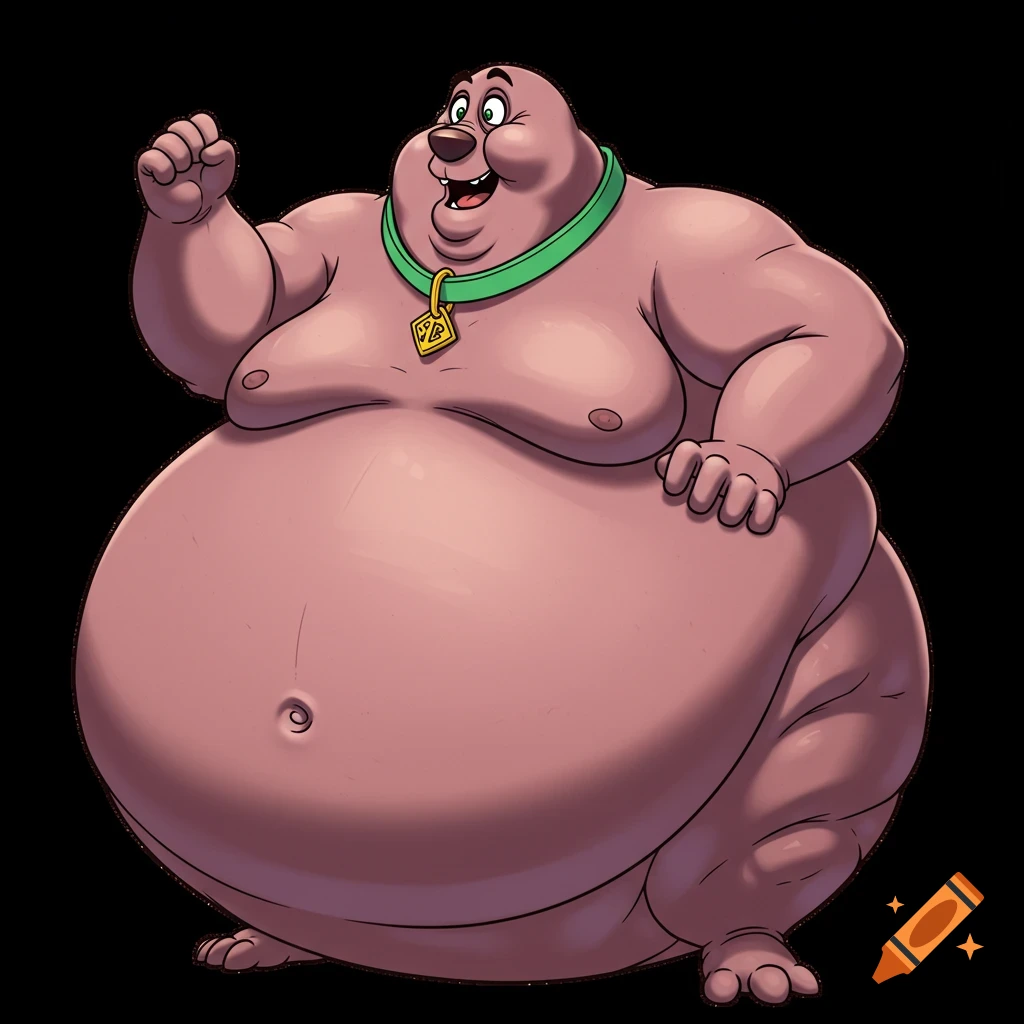 Cartoon of a very fat dog character with a green collar and gold tag ...