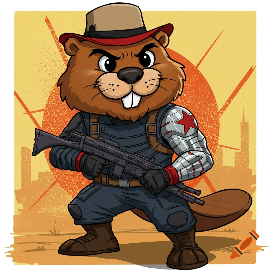 Cartoon beaver mascot in hat and Winter Soldier costume with metal arm ...