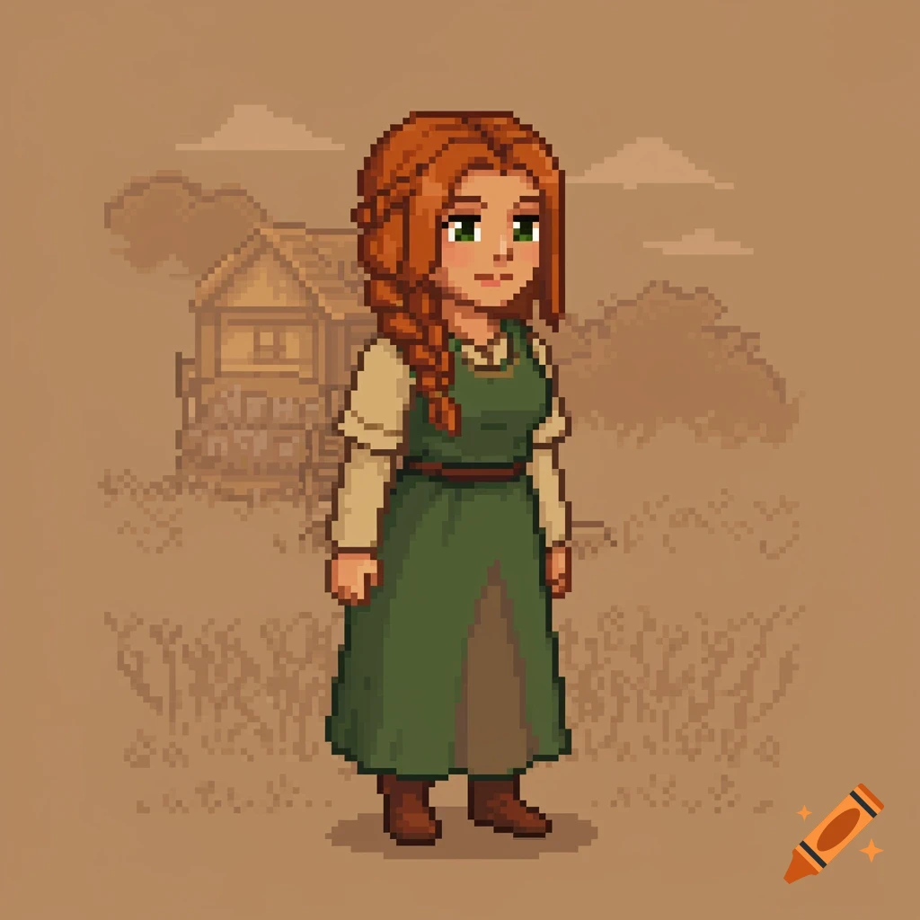 Pixel art of a female fantasy villager standing in a field with a house ...
