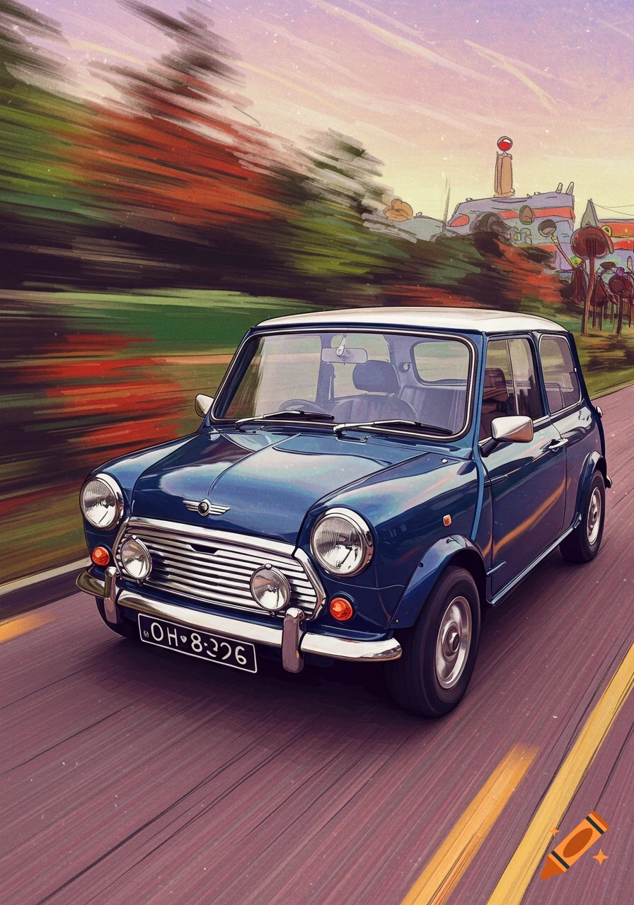 A blue Mini Cooper drives on a road in a stylized, painterly ...