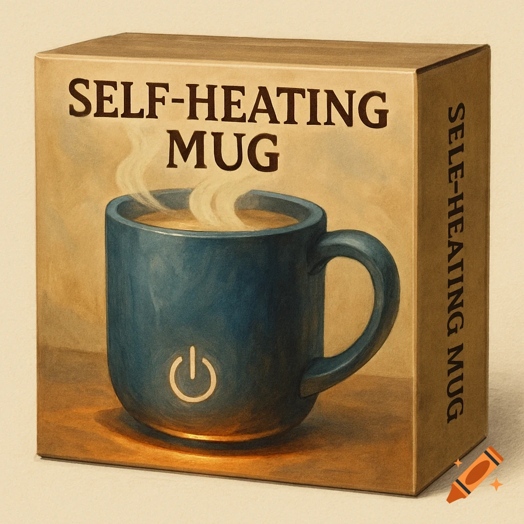 Packaging box for a self-heating mug with steam rising. on Craiyon