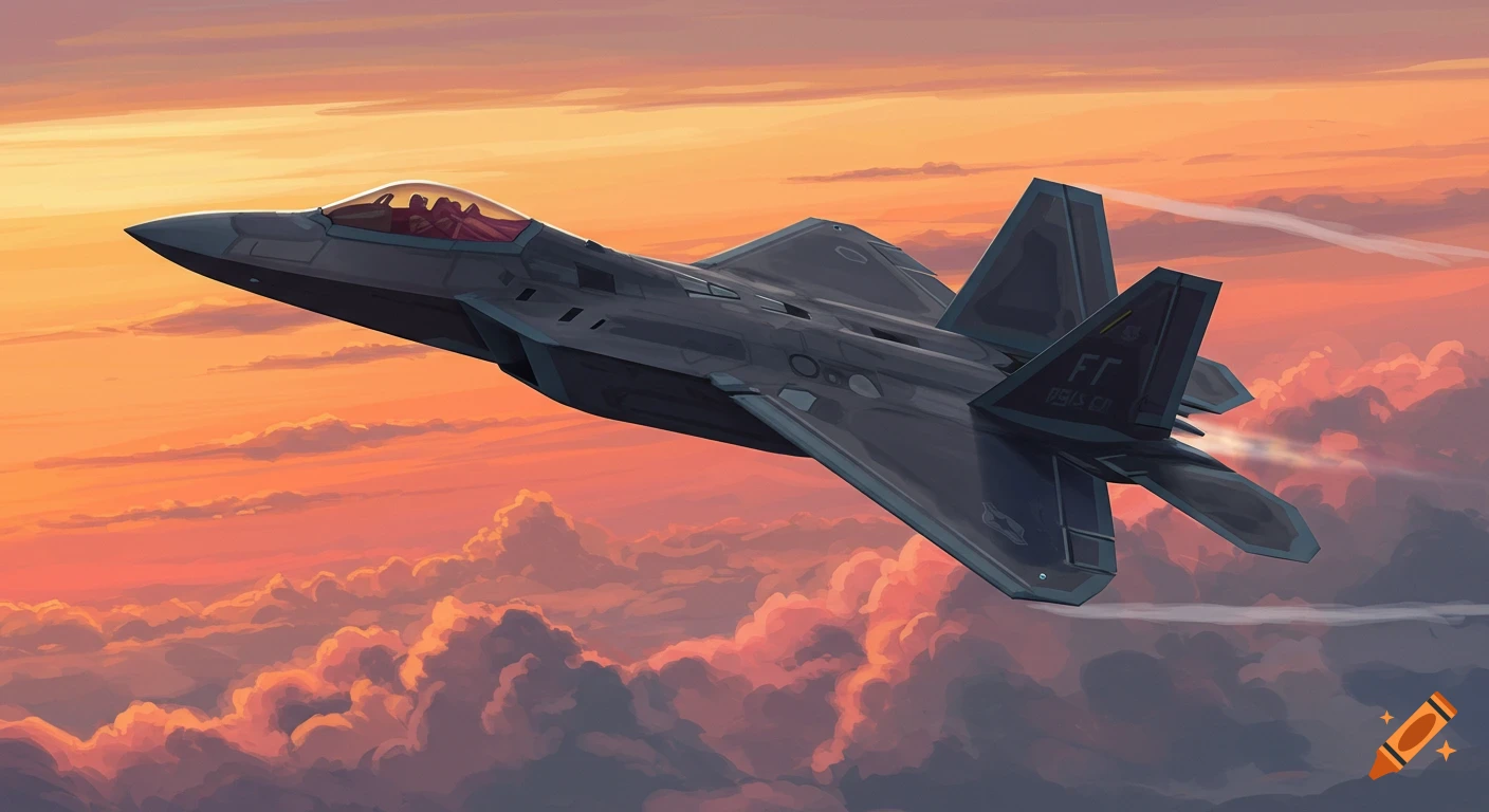 A fighter jet flying into a colorful sunset over mountains. on Craiyon