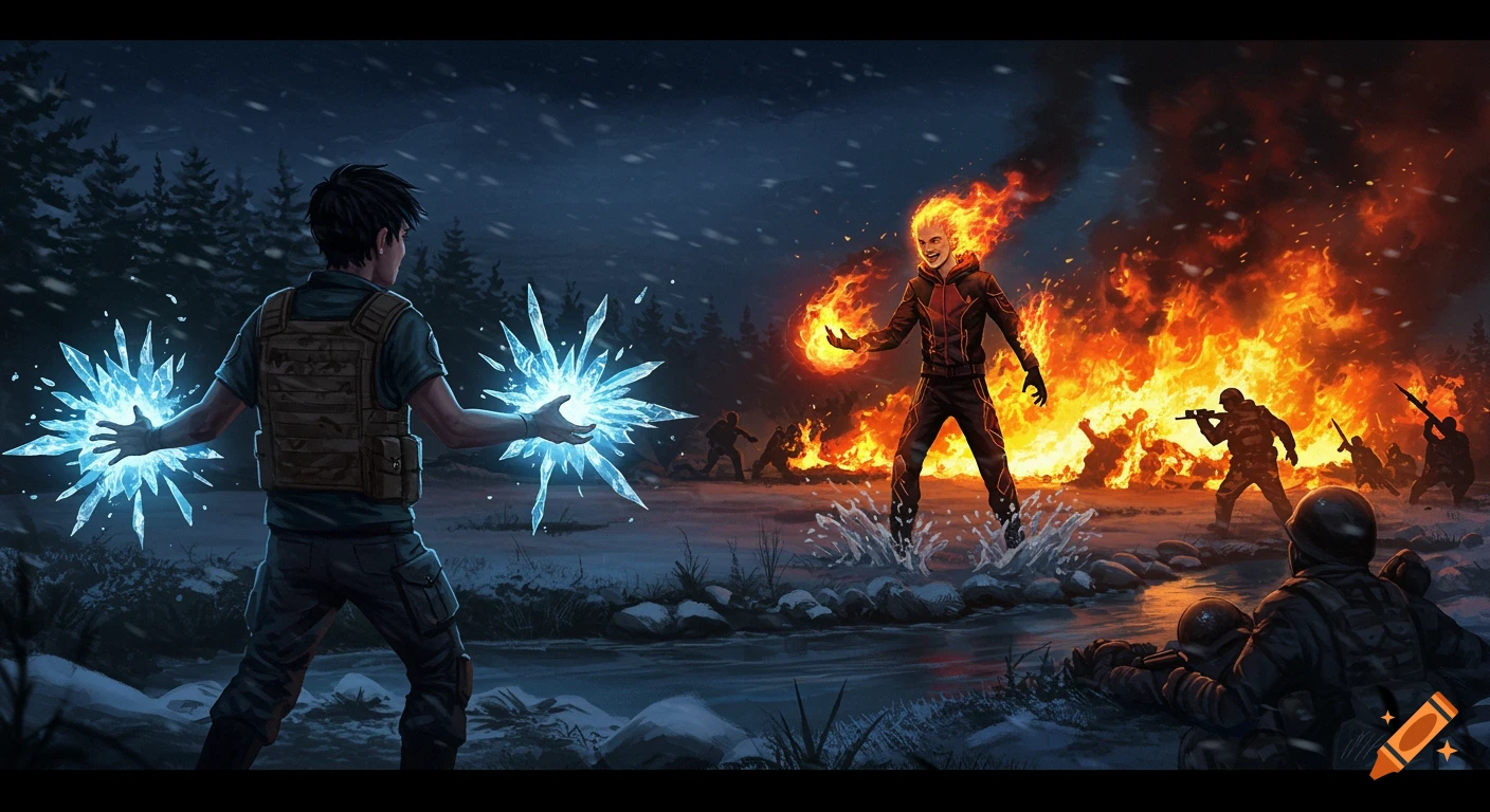 Two figures battle with ice and fire powers as soldiers watch amidst ...
