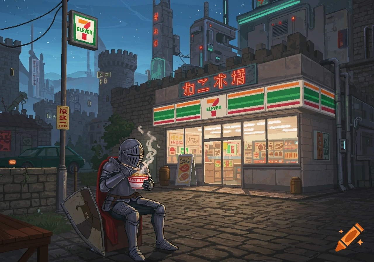 Pixel art of a knight in armor eating ramen outside a futuristic 7 ...