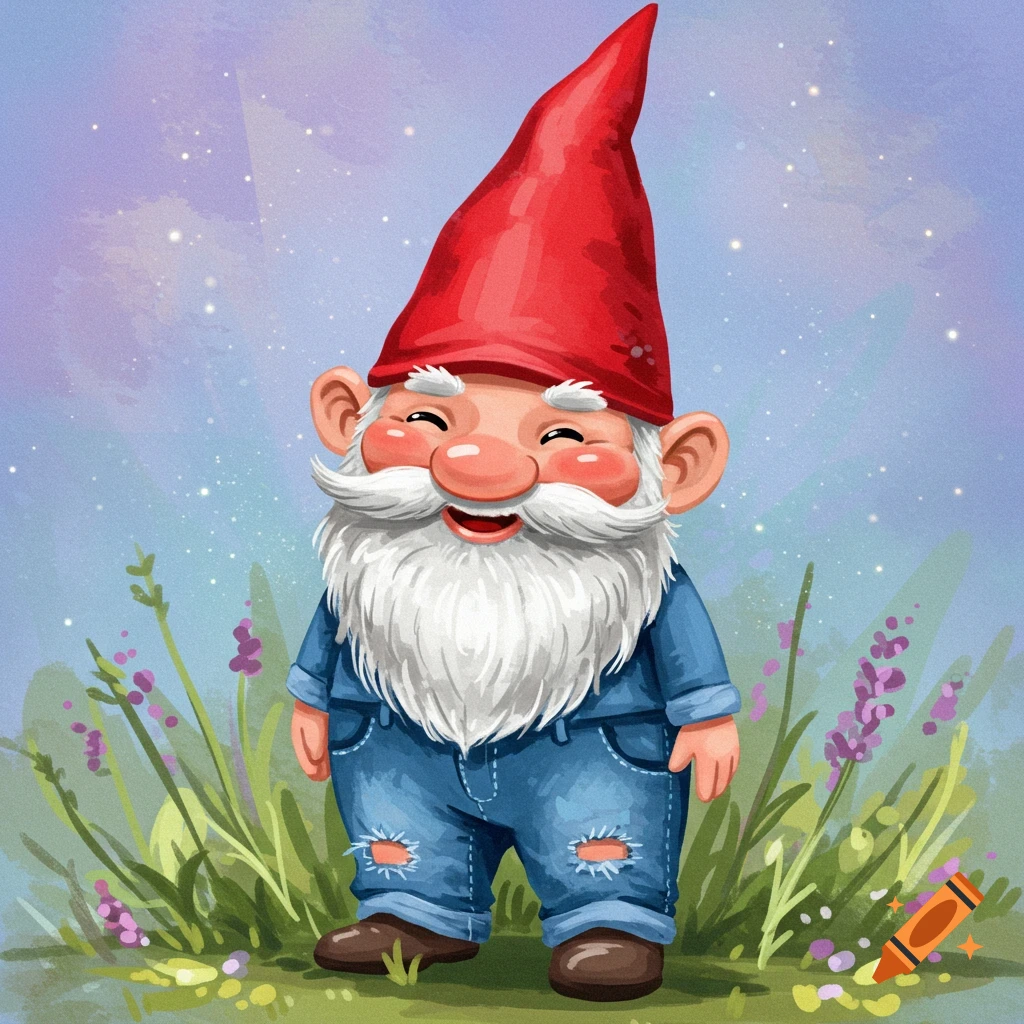 Cute cartoon illustration of a gnome wearing a large red hat decorated ...