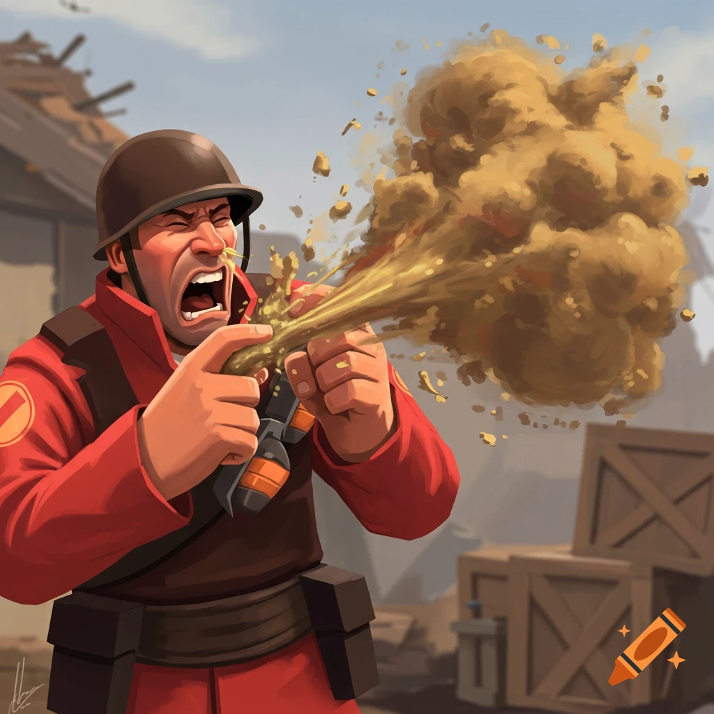 Cartoon soldier from Team Fortress 2 sneezing violently. on Craiyon