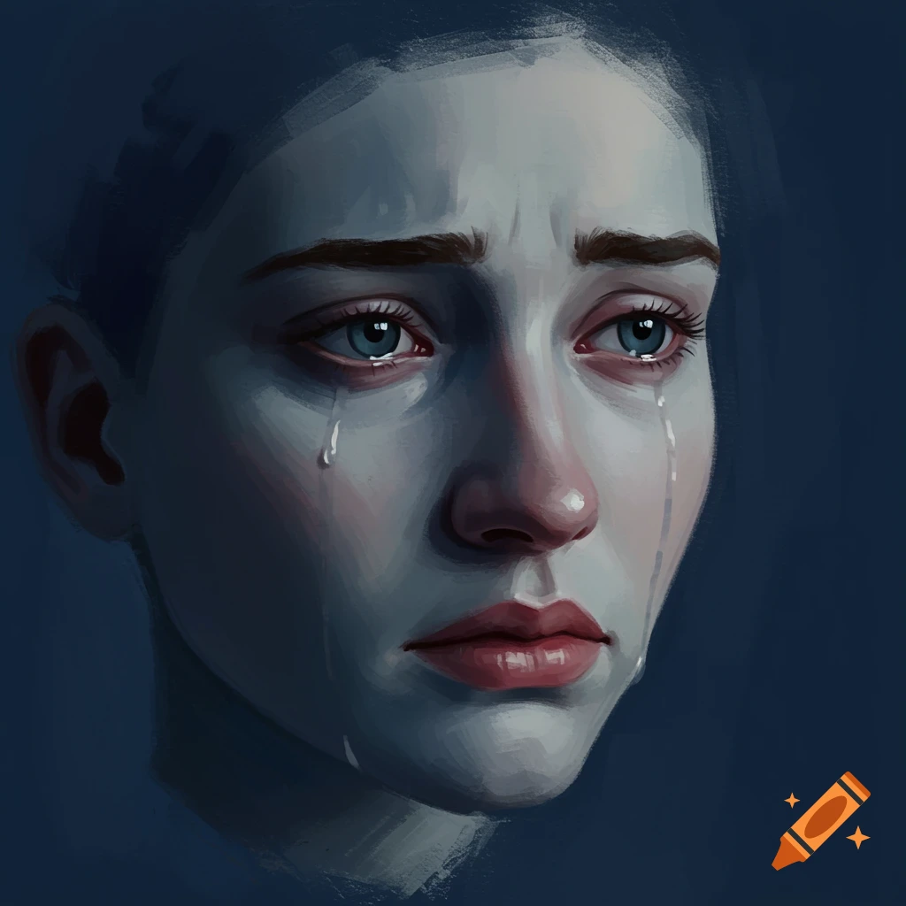 Close-up painterly portrait of a person with tears crying sadly. on Craiyon