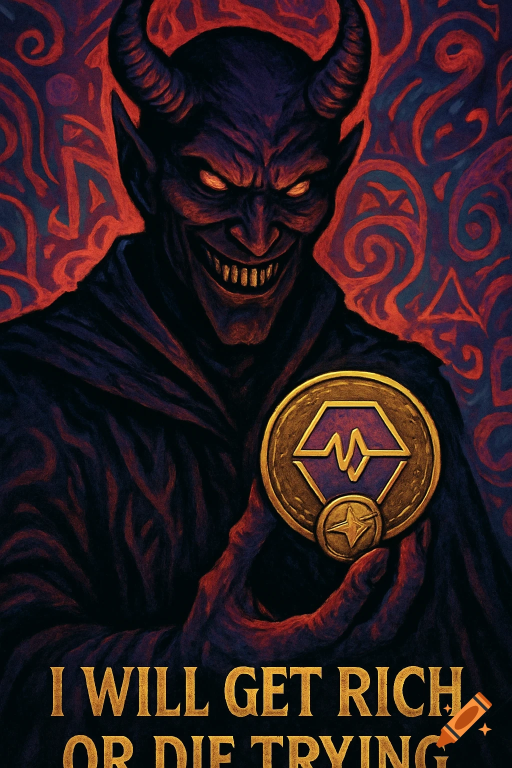 Dark illustration of a devil holding a gold coin, with the text 'I WILL ...