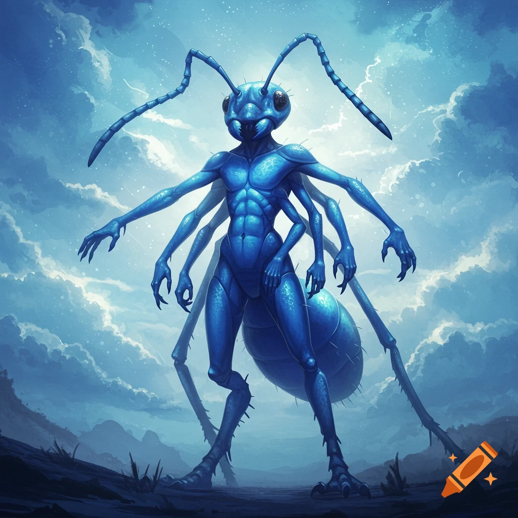A large blue humanoid ant creature stands in a misty landscape. on Craiyon