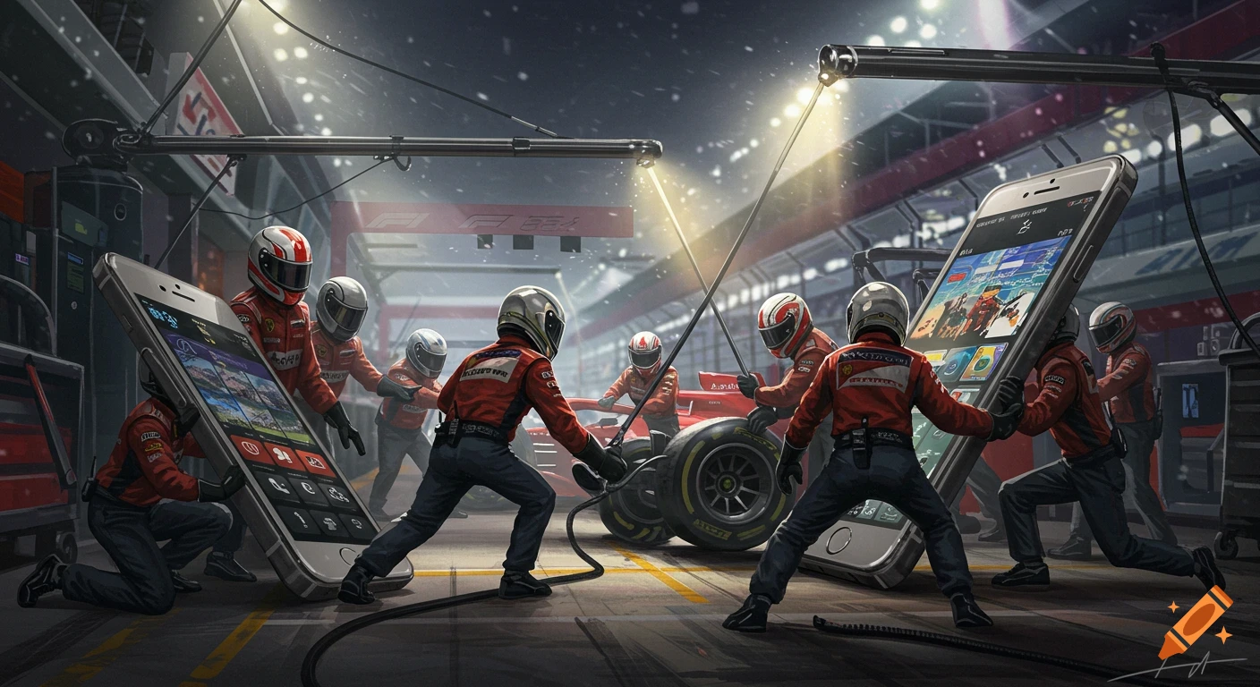 F1 pit stop team uses large smartphones as tools to change a race car ...