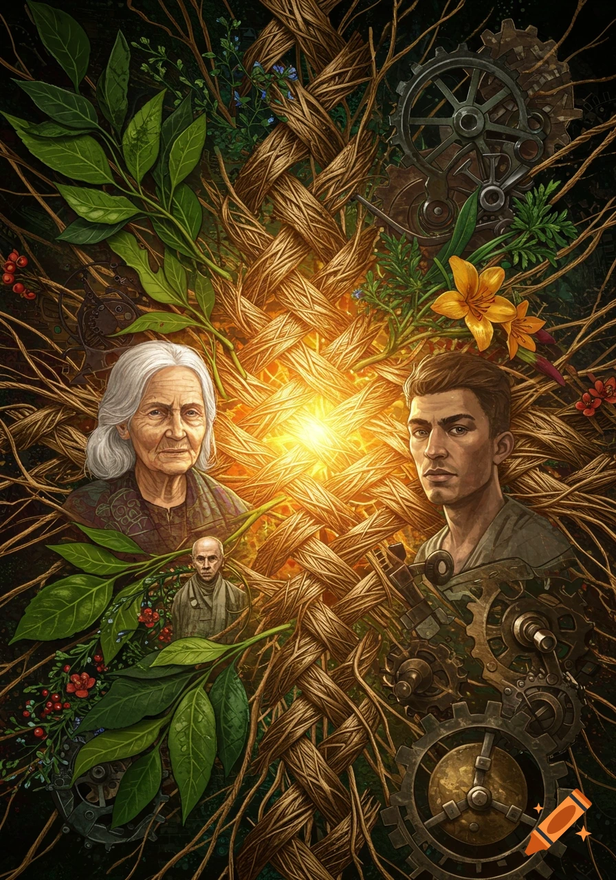 Symbolic image with interwoven roots, leaves, and gears surrounding a ...