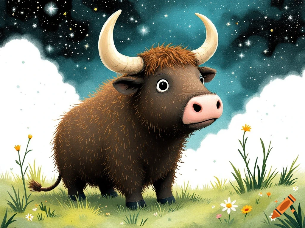 Cartoon illustration of a fluffy brown ox in a grassy field under a ...