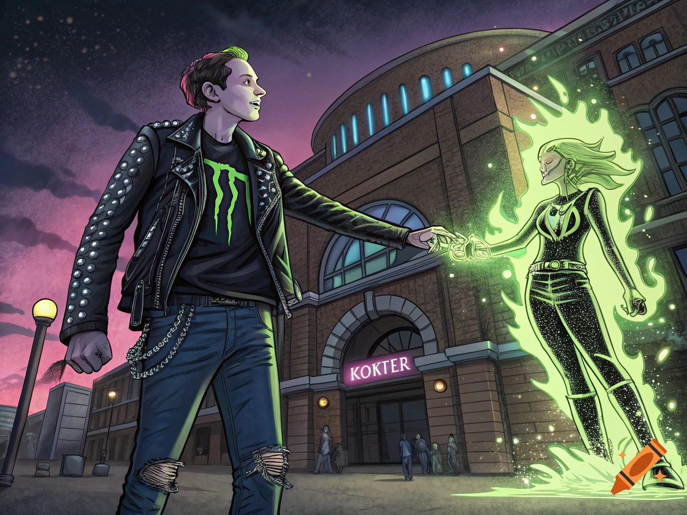 Illustration of a punk rocker holding hands with a glowing green figure ...