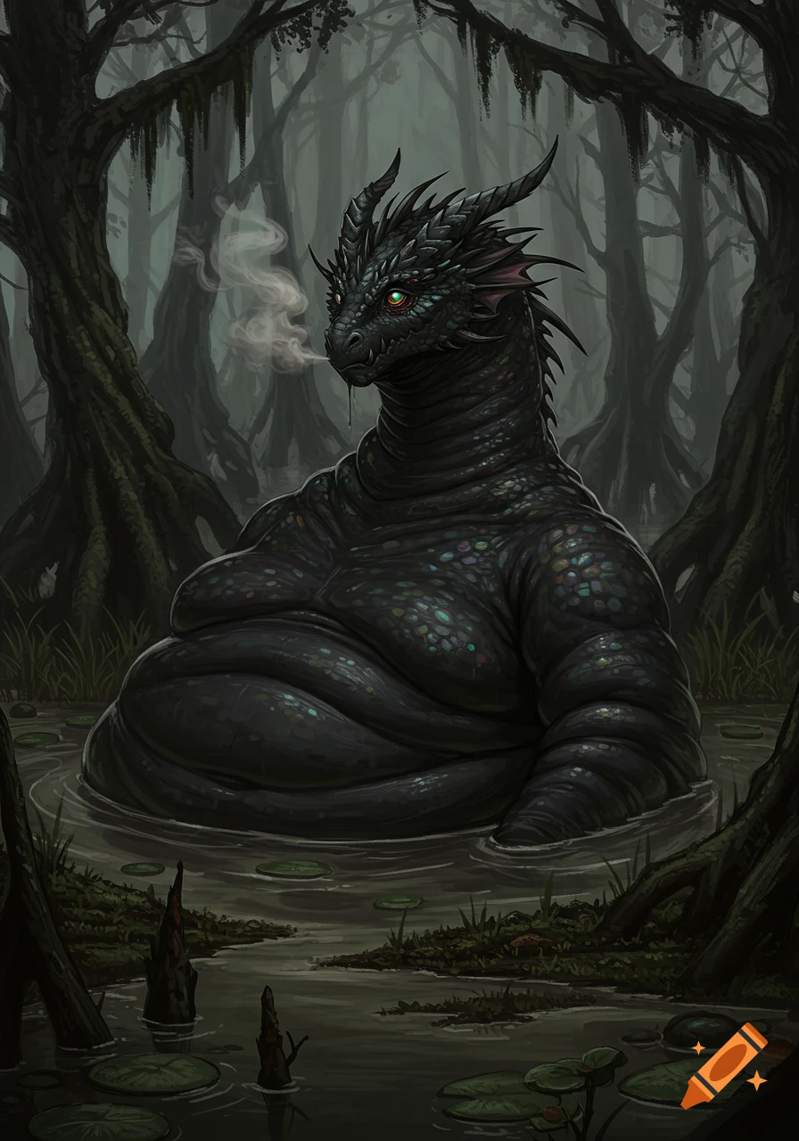 A morbidly obese black dragon sits in a swamp with trees and water ...