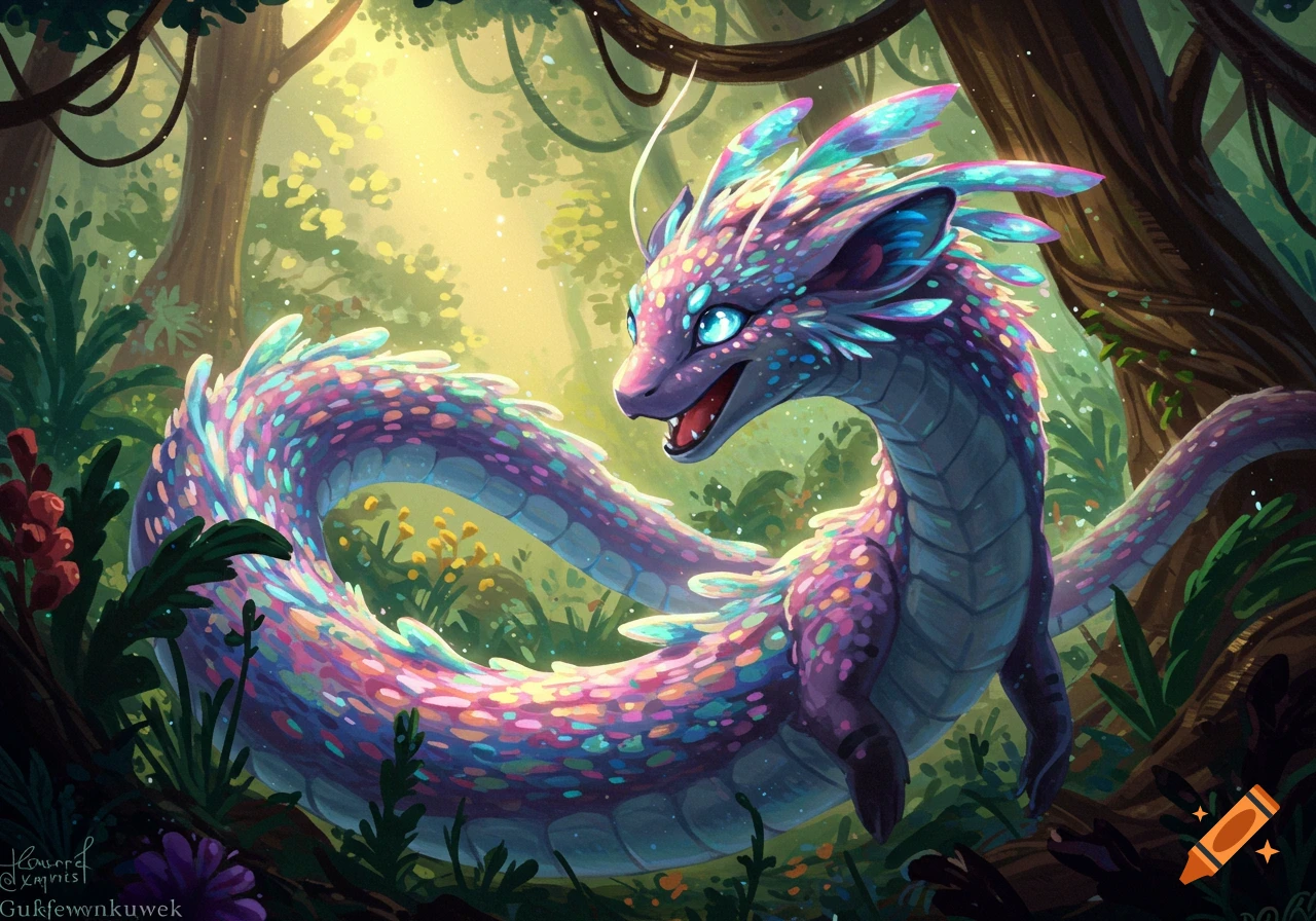 A colorful, iridescent dragon rests in a sunny jungle clearing in a ...