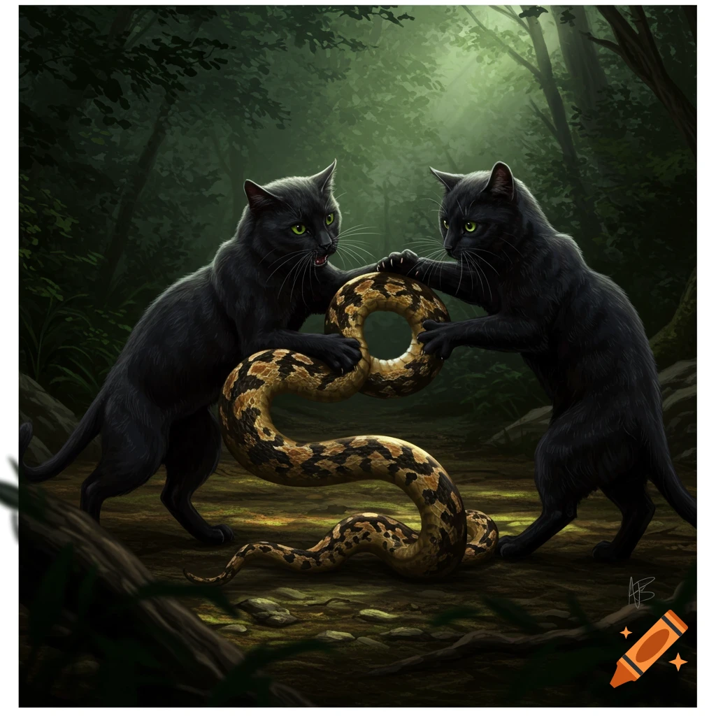 Two black cats fight a large snake in a dark forest. on Craiyon