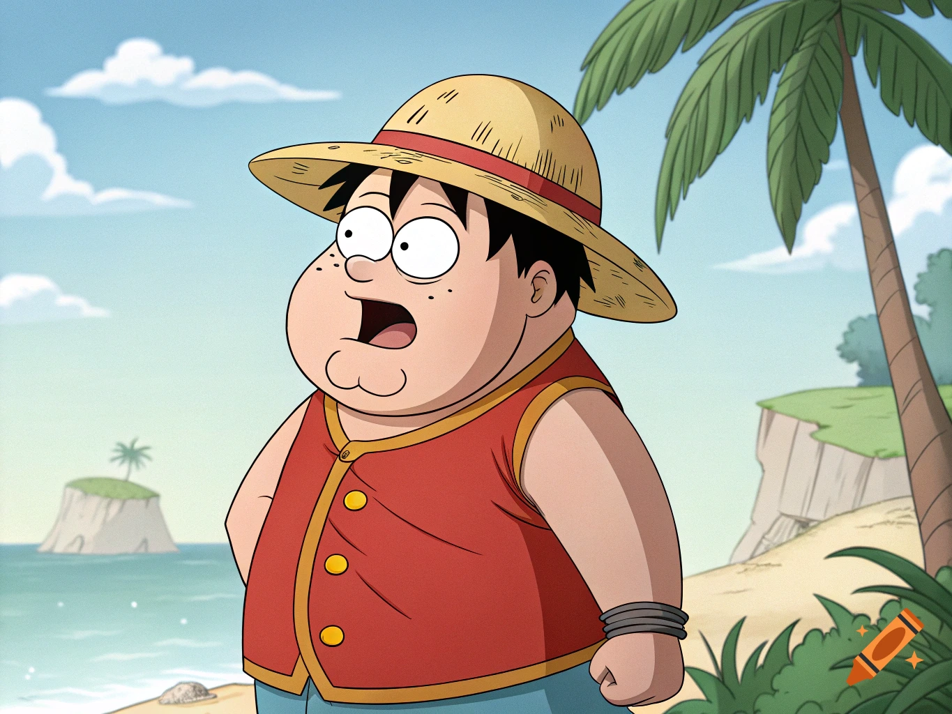 A cartoon character resembling Peter Griffin dressed as Luffy stands on ...