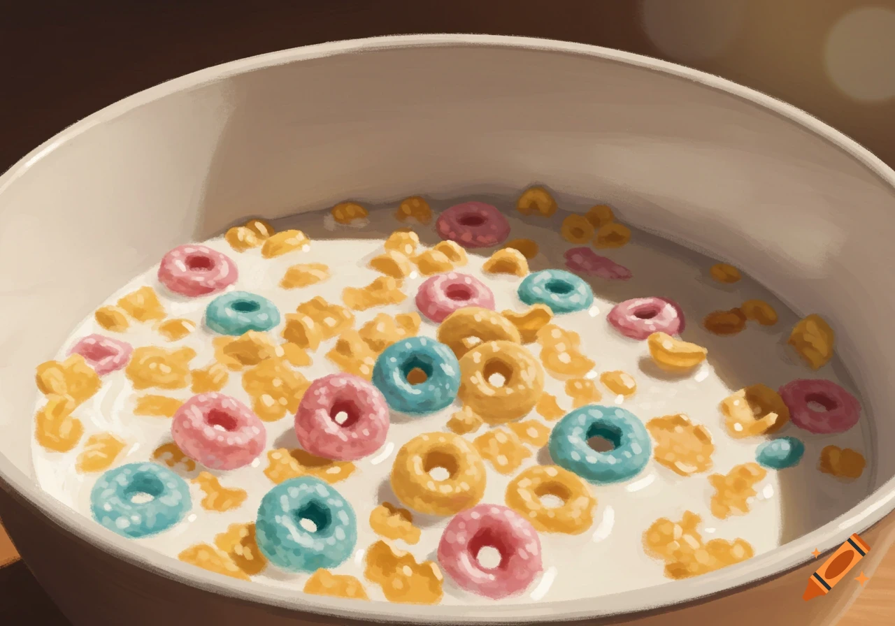 Close-up of a bowl of colorful hoop and flake cereal in milk, in a ...