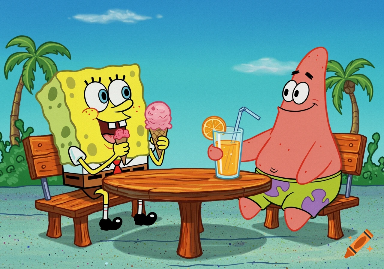 Spongebob eating ice cream and Patrick drinking juice at a table. on ...