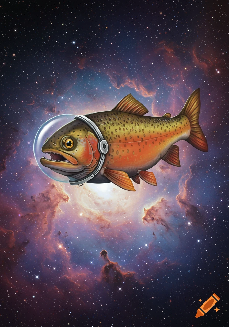 Illustration of a trout fish wearing an astronaut helmet swimming through a colorful space ...