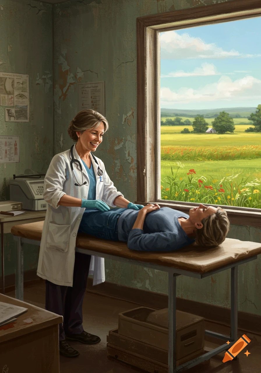 Doctor examining patient in a rural clinic overlooking a field. on Craiyon