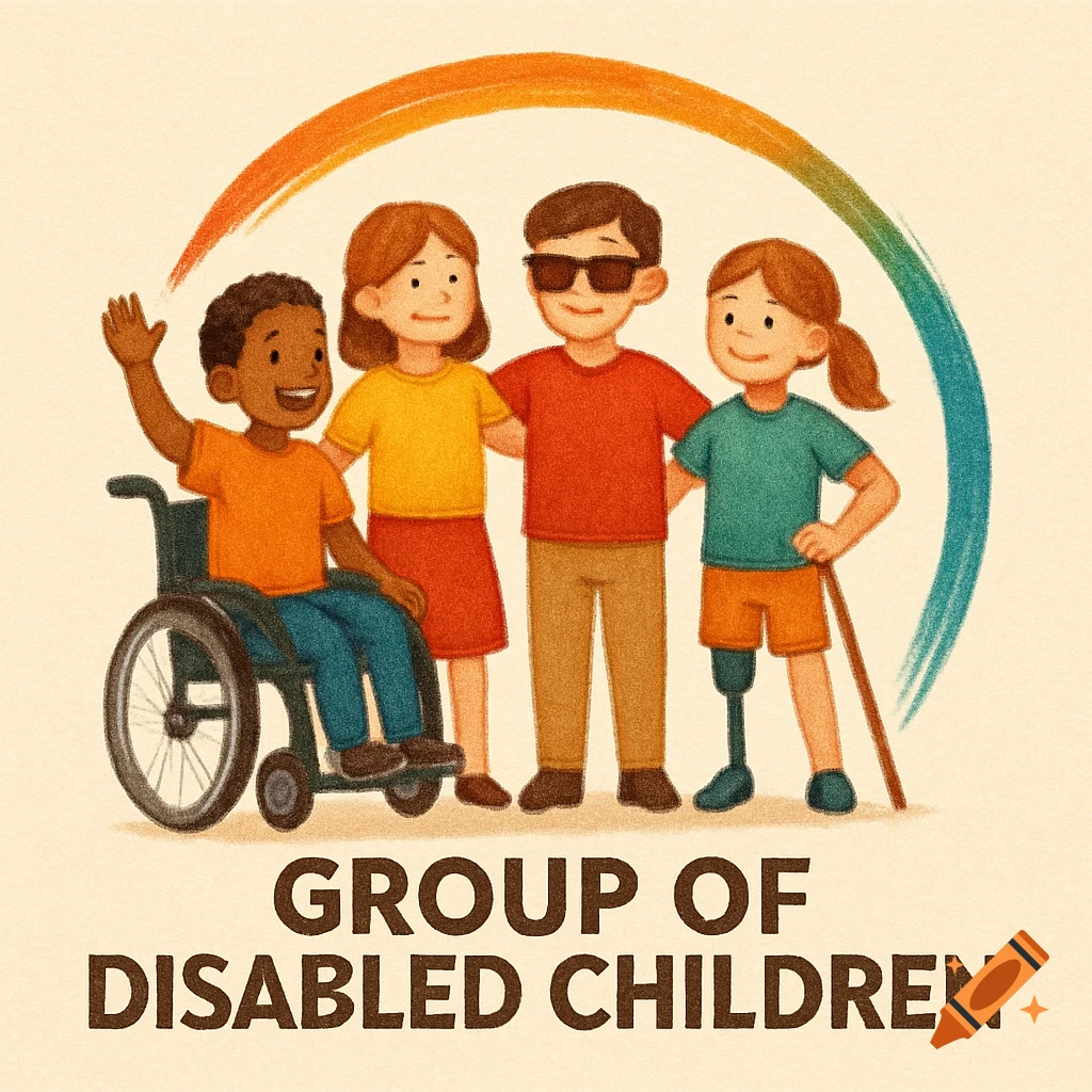 Illustrated group of diverse children with disabilities under a rainbow ...