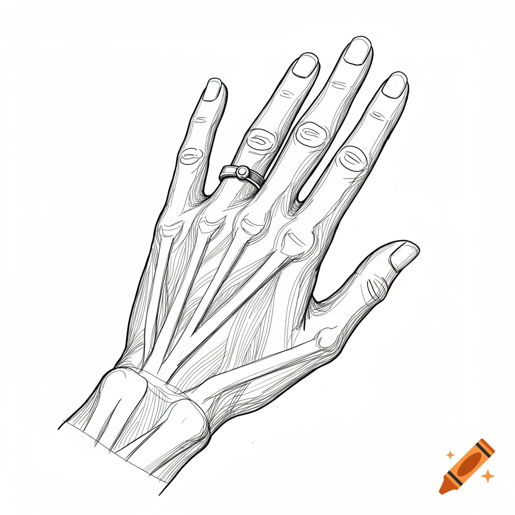 Black and white line drawing of a hand showing bones and tendons, with ...