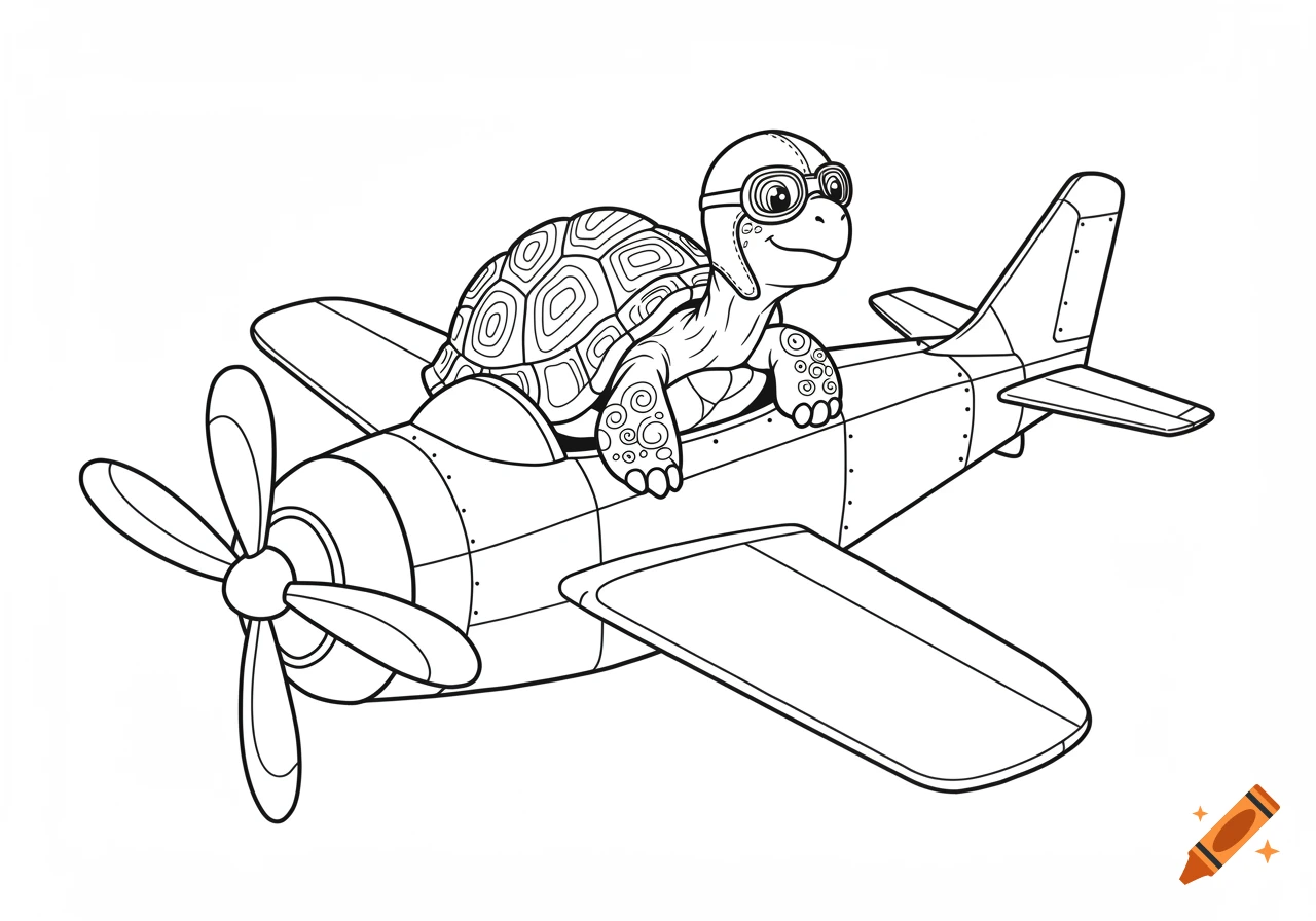 Cartoon turtle wearing goggles sits in a propeller airplane. Black and ...