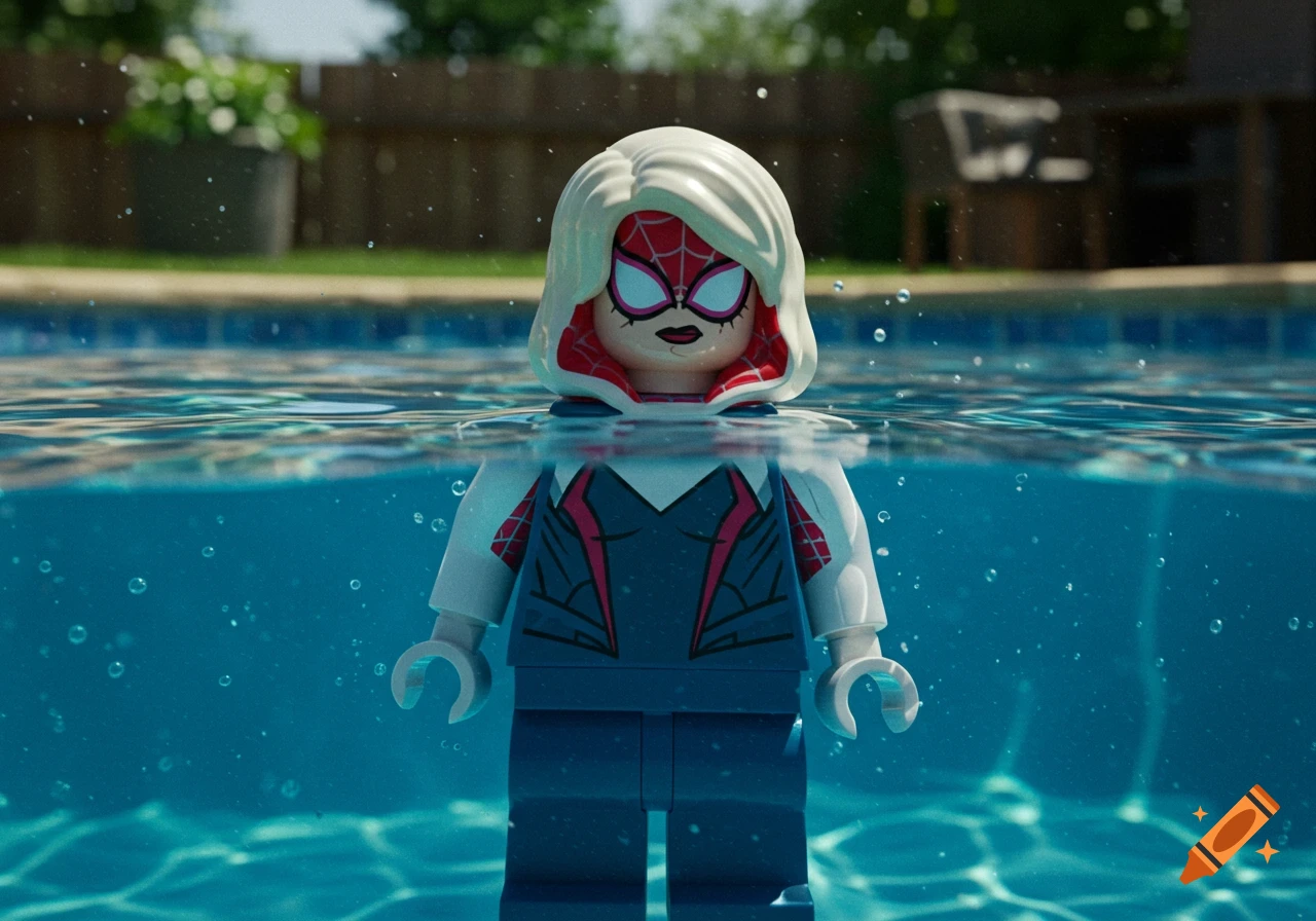 Lego Gwen Stacy figure swimming in a pool. on Craiyon